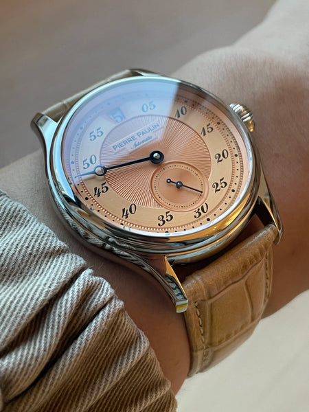 42mm PIERRE PAULIN Jumping Hour Watch Men's Salmon Dial Sapphire Watch ...