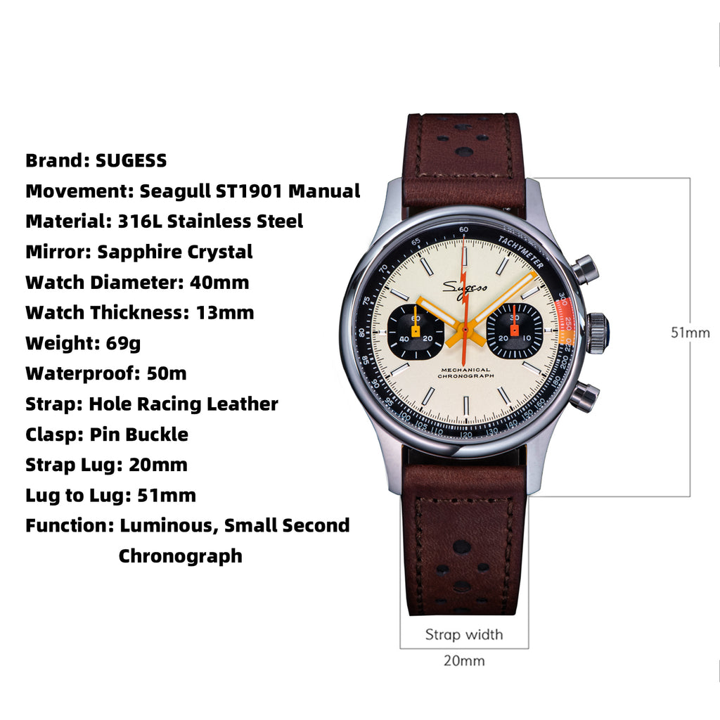 Sugess 1963 Chronograph Mechanical Wristwatches Seagull ST19 Swanneck ...